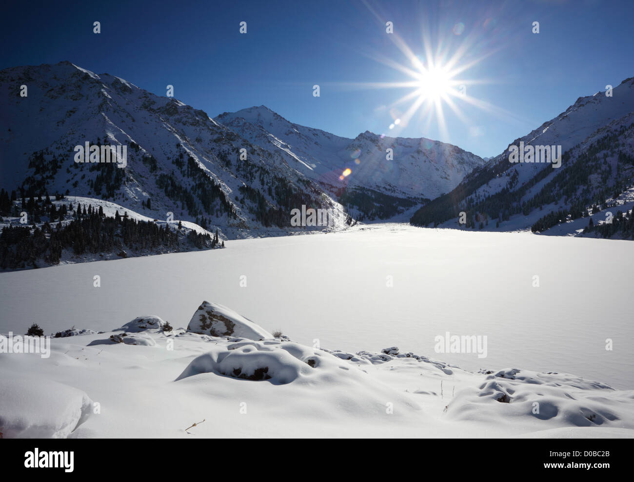 Winter landscape with mountain lake Stock Photo - Alamy