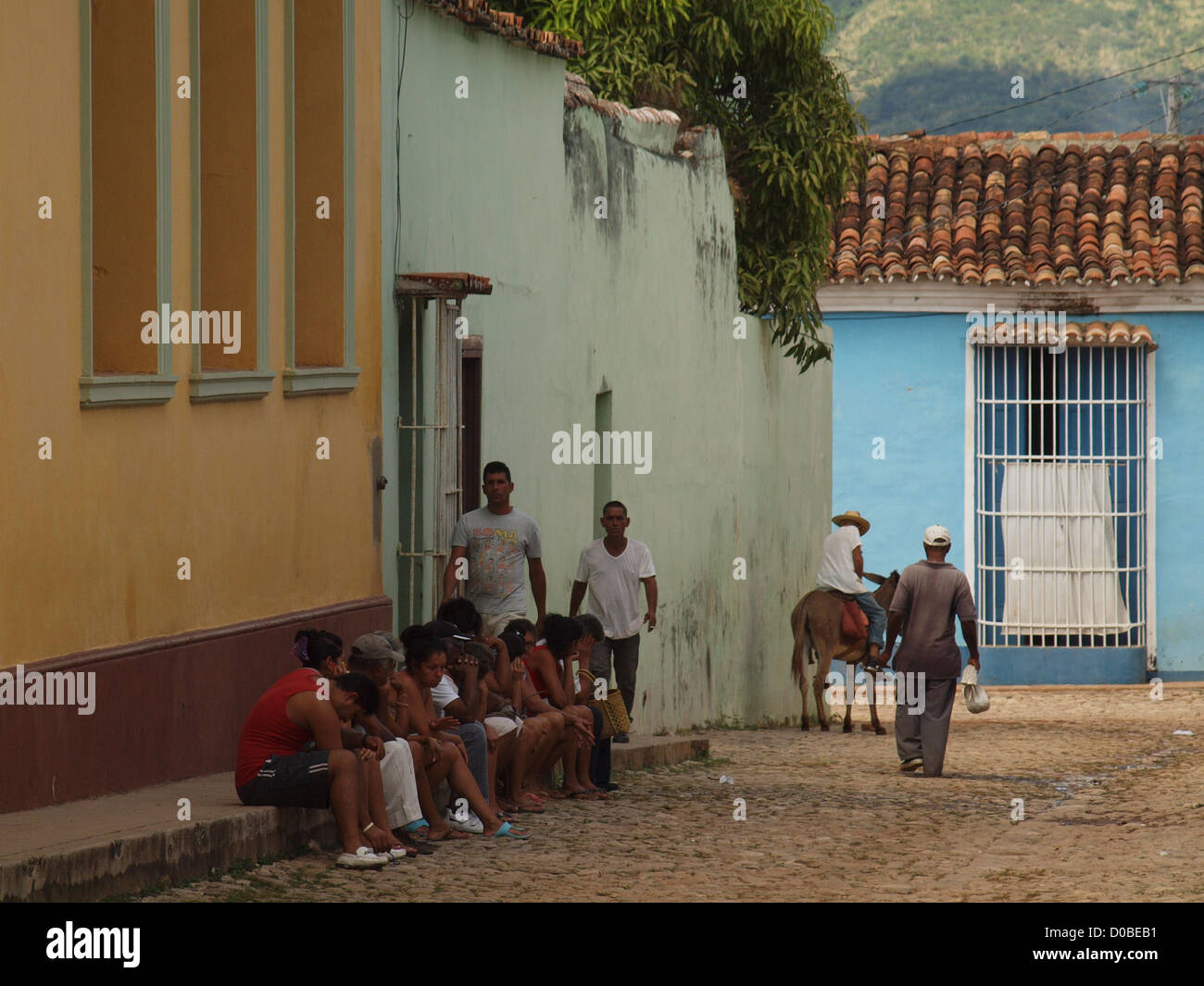mainly seated crowd watches man riding donkey at corner of cobbled ...
