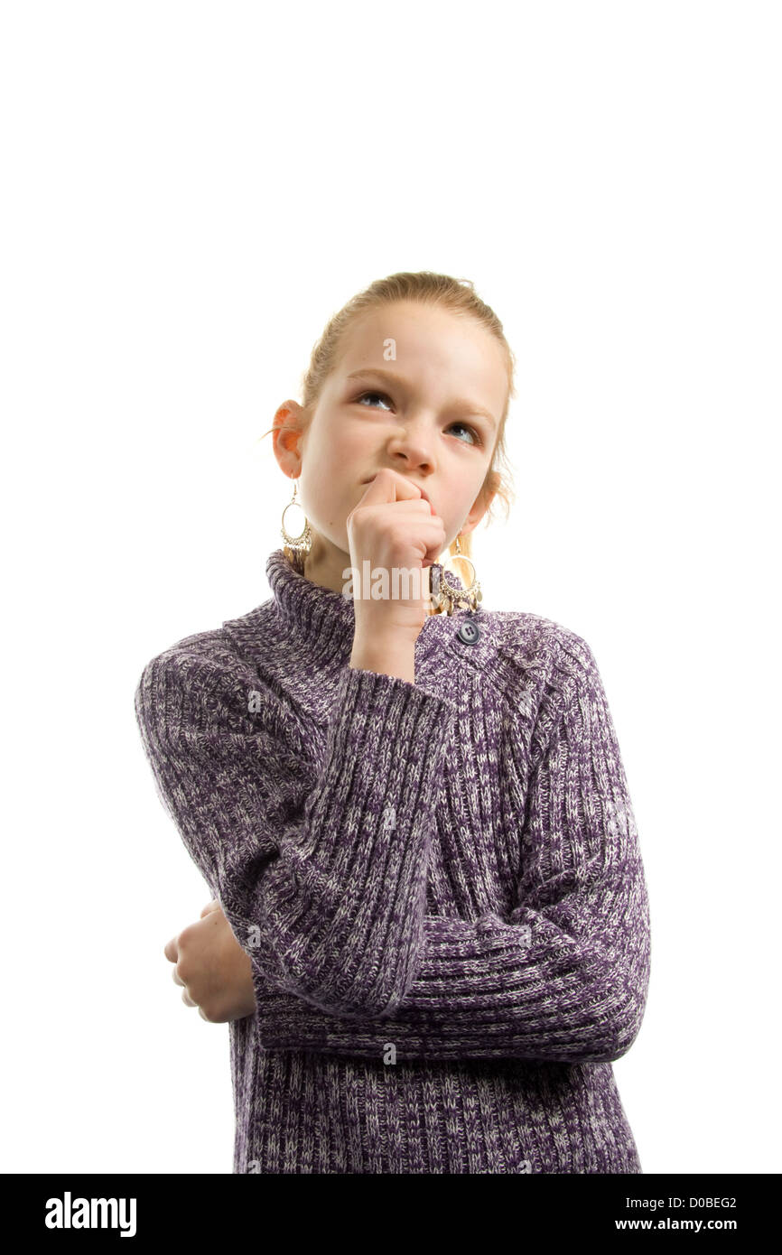 girl with questions on her mind isolated on white background Stock ...