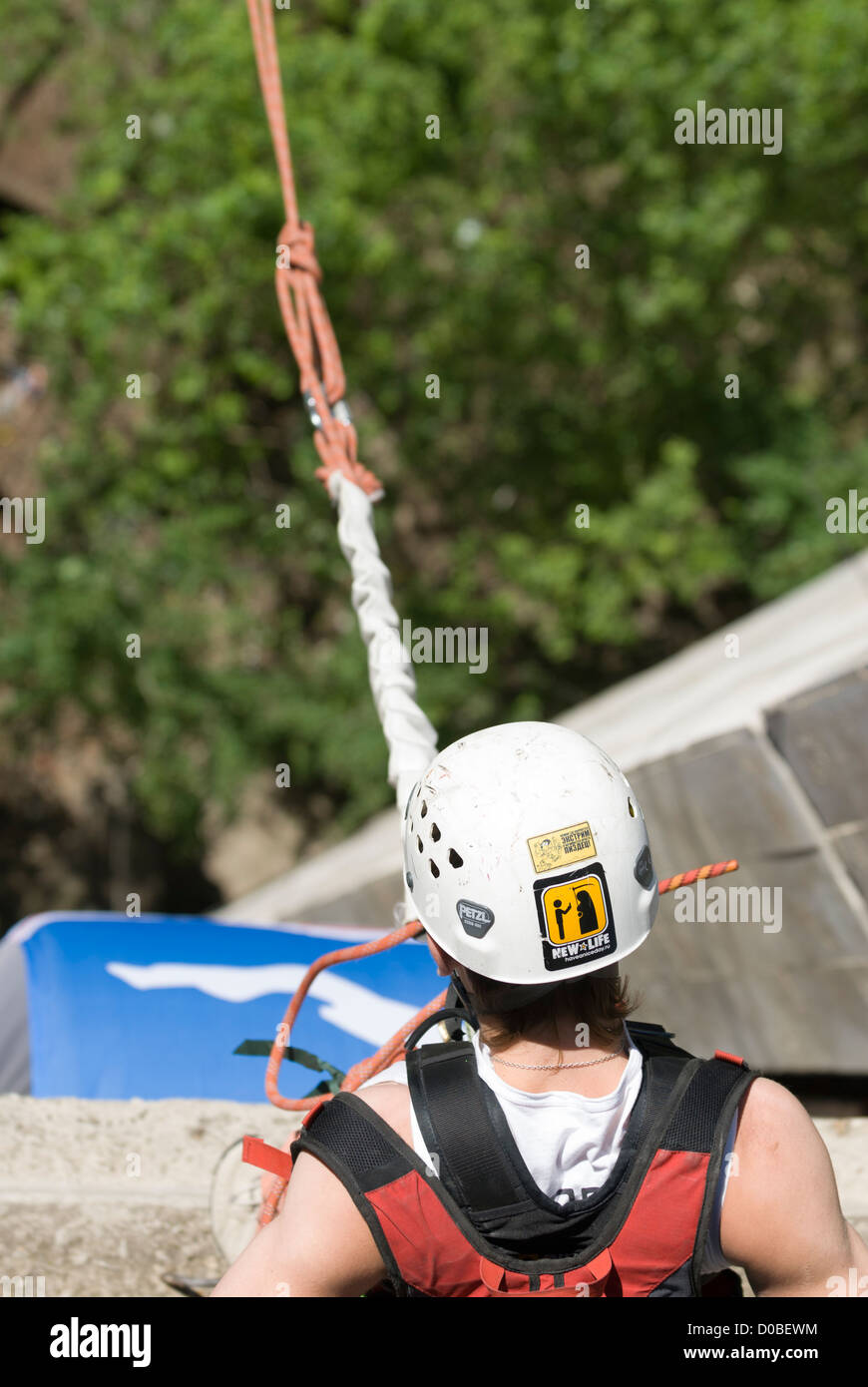 ropejumper standing jumping edge building tall extreme sports risk rope ...
