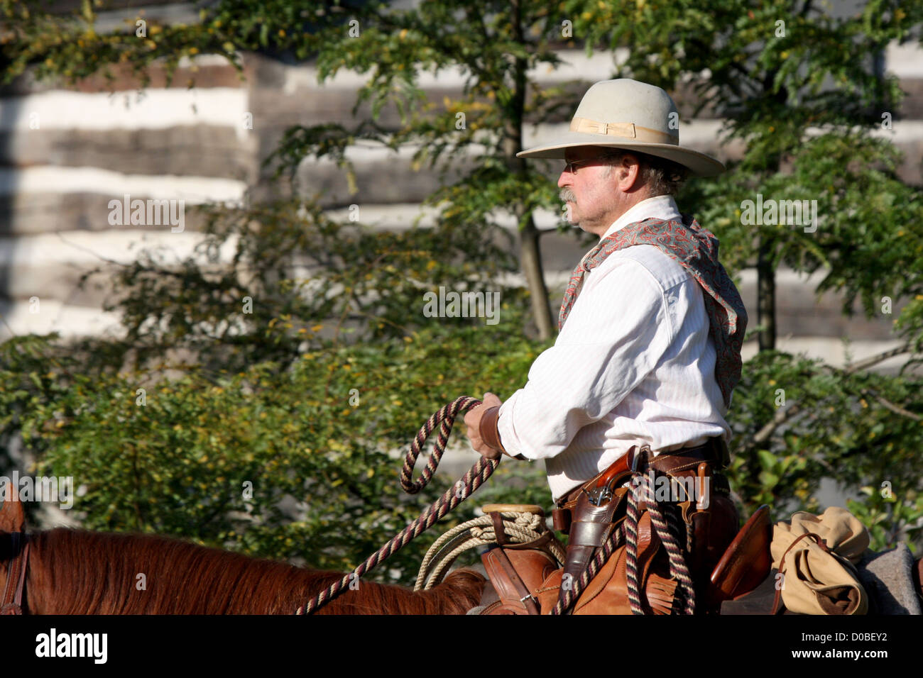 A cowboy riding his horse near an old log cabin Stock Photo - Alamy