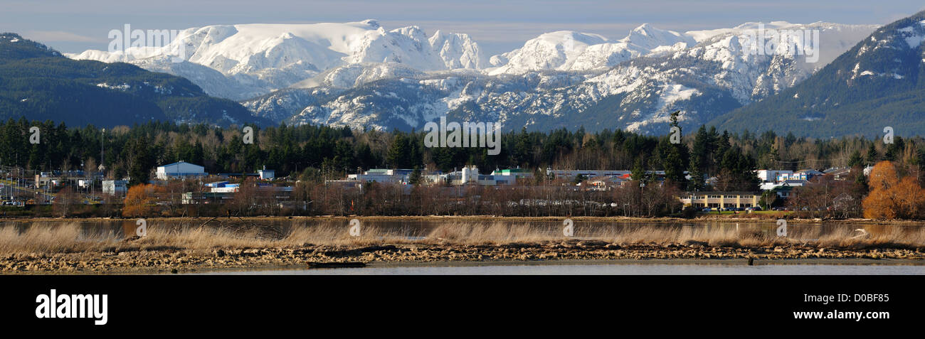 Panoramic view of the Courtney River Estuary and the Comox Glacier ...