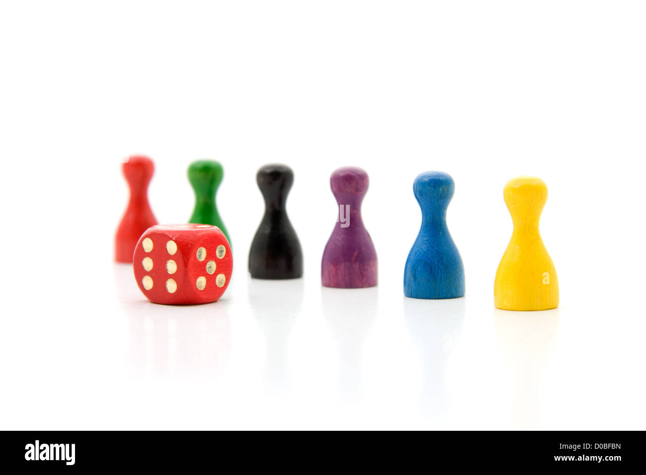 Six colored pawns with red dice, isolated on white background Stock ...