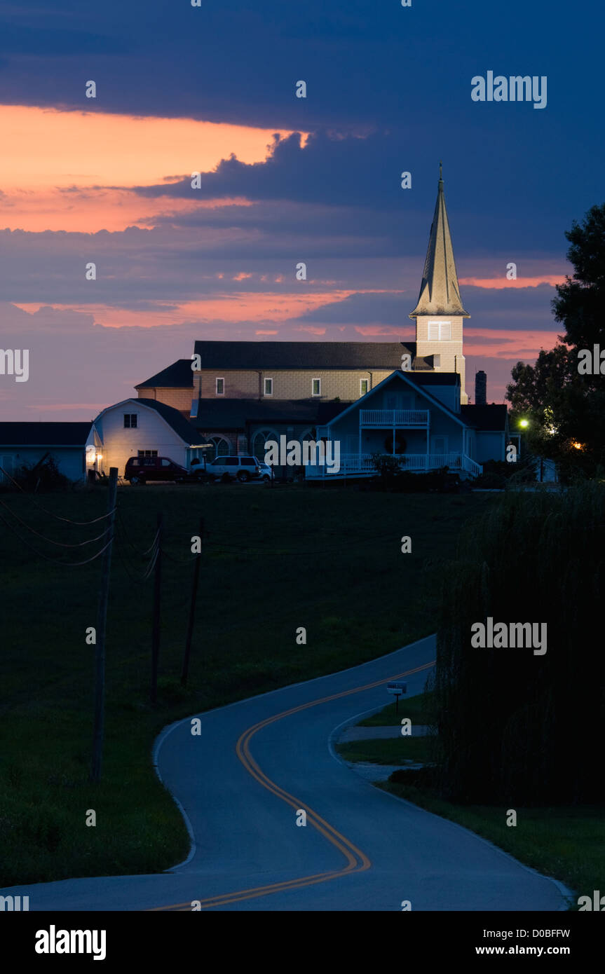 Road Leading to Country Church at Sunset in Starlight, Indiana Stock ...