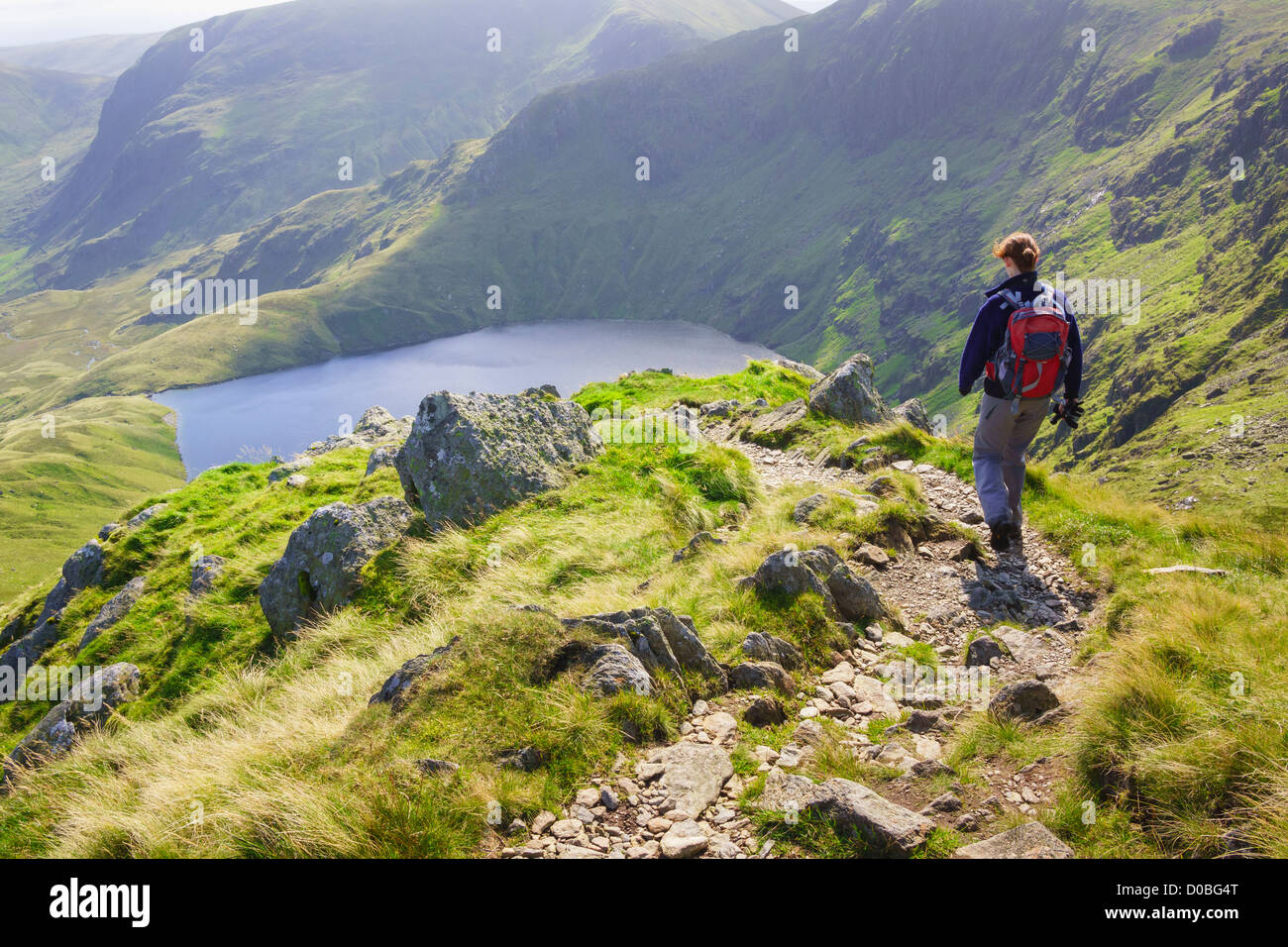 A female hiker walking down Long Stile towards Rough Crag with Blea ...