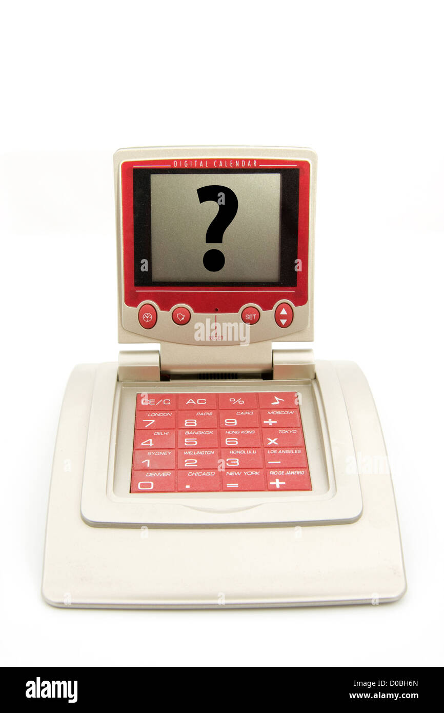 Desktop digital calendar with question mark, isolated on white ...