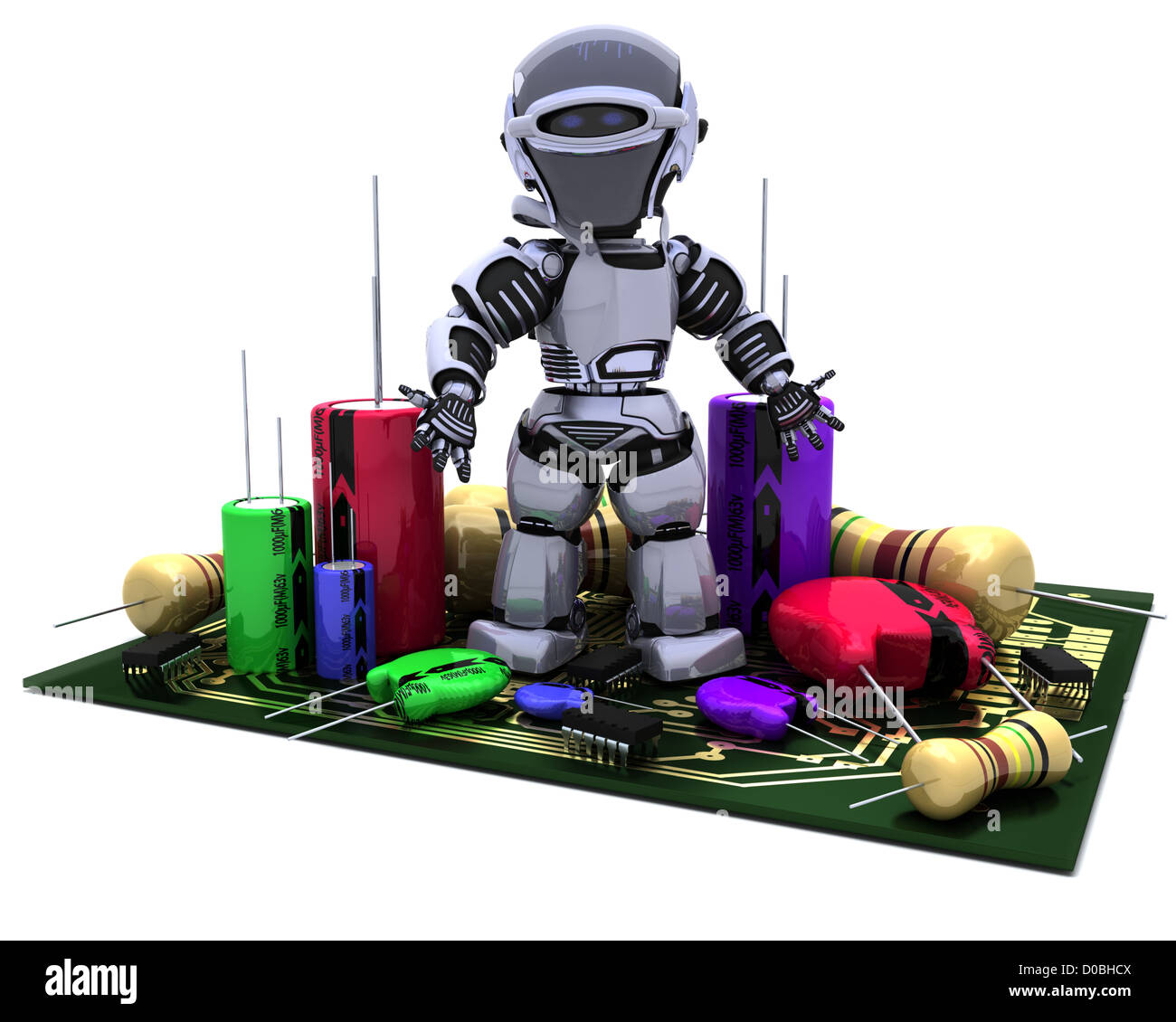 3D Render of a Robot With Capacitors Resistors and semi-conductors ...