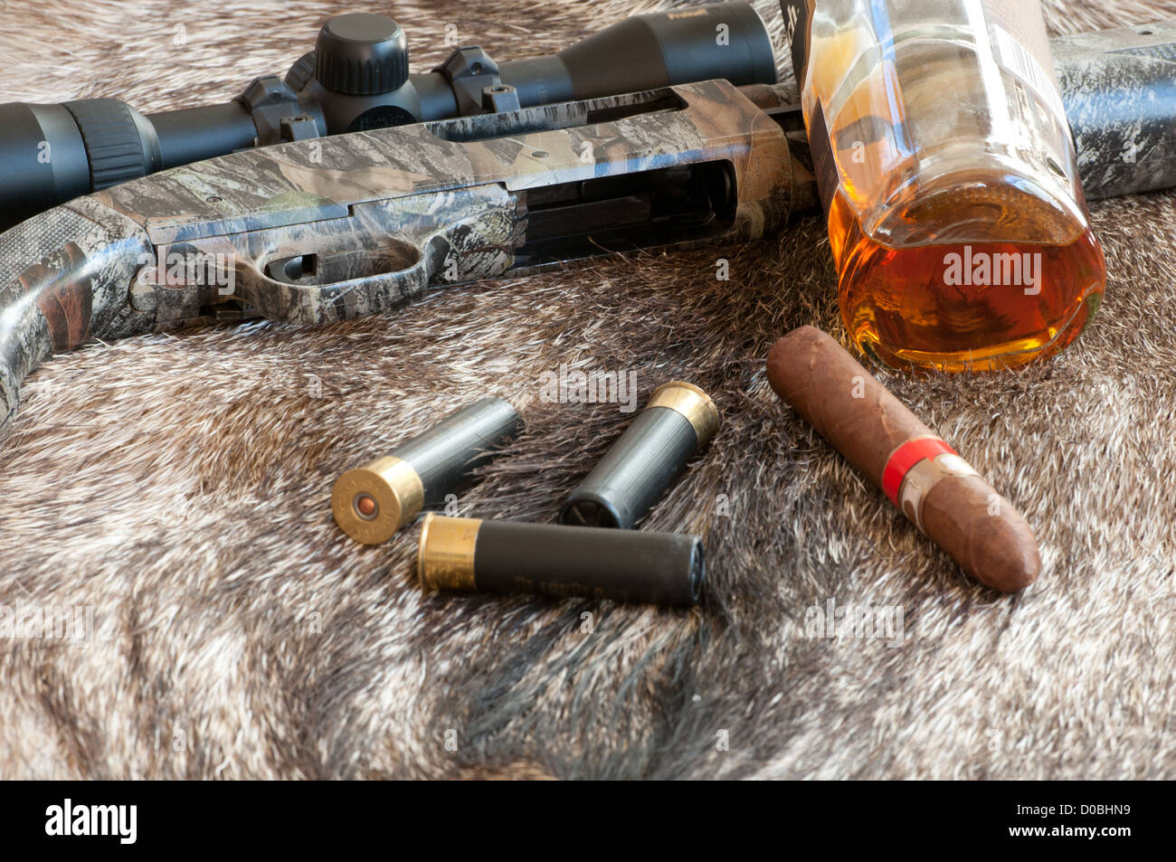 Shotgun, shells, cigar and whiskey Stock Photo - Alamy