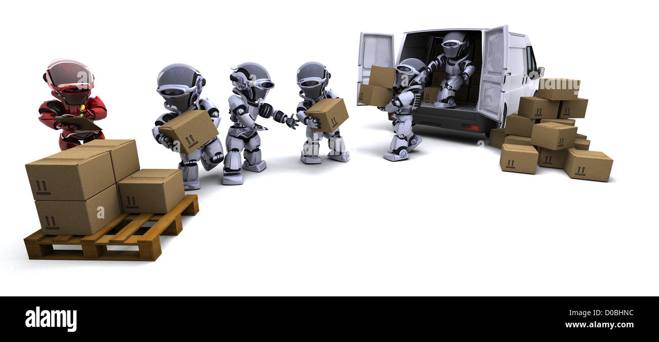 3D render of Robot with Shipping Boxes loading a van Stock Photo - Alamy