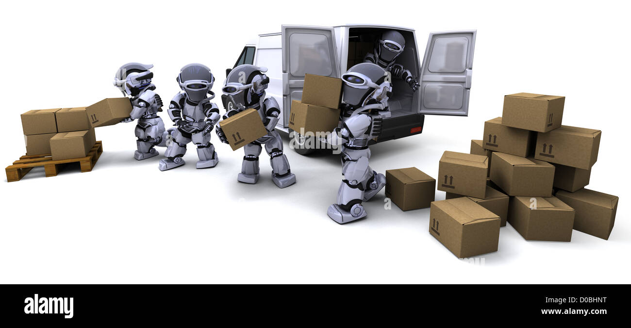3D render of Robot with Shipping Boxes loading a van Stock Photo - Alamy