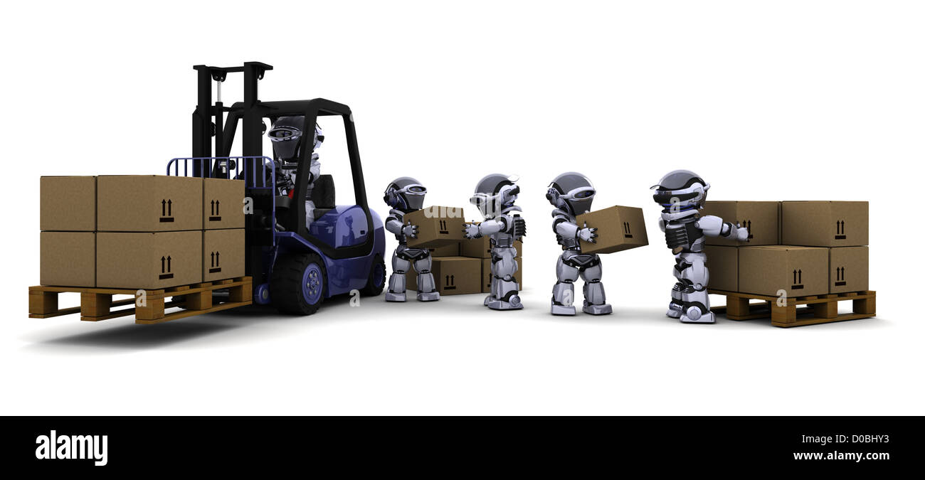 3D Render of Robot Driving a Lift Truck Stock Photo - Alamy
