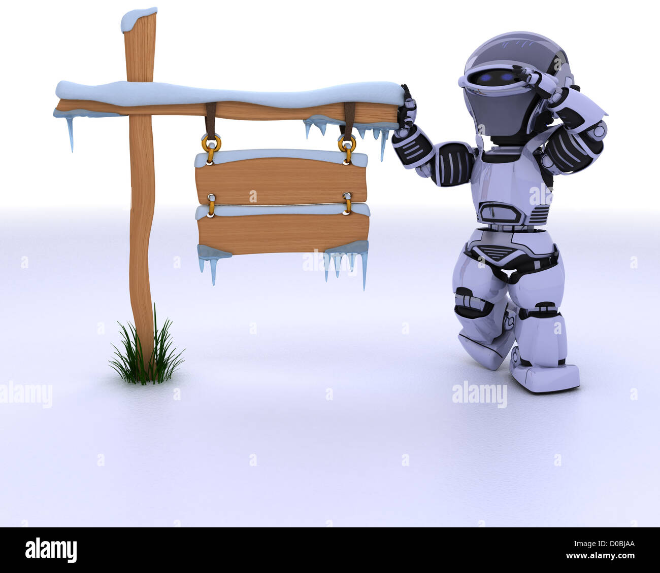 3d render of a robot with a frozen blank road sign Stock Photo - Alamy