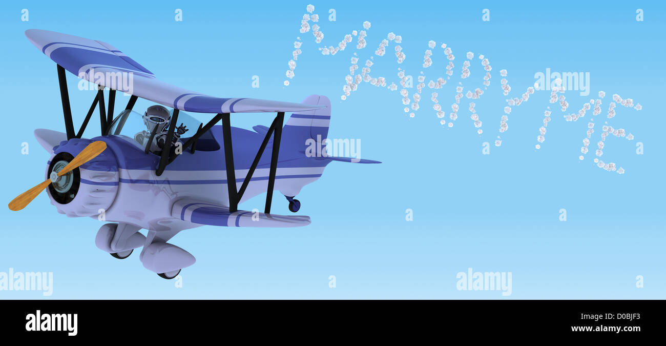 3D render of a robot flying a biplane sky writing Stock Photo - Alamy