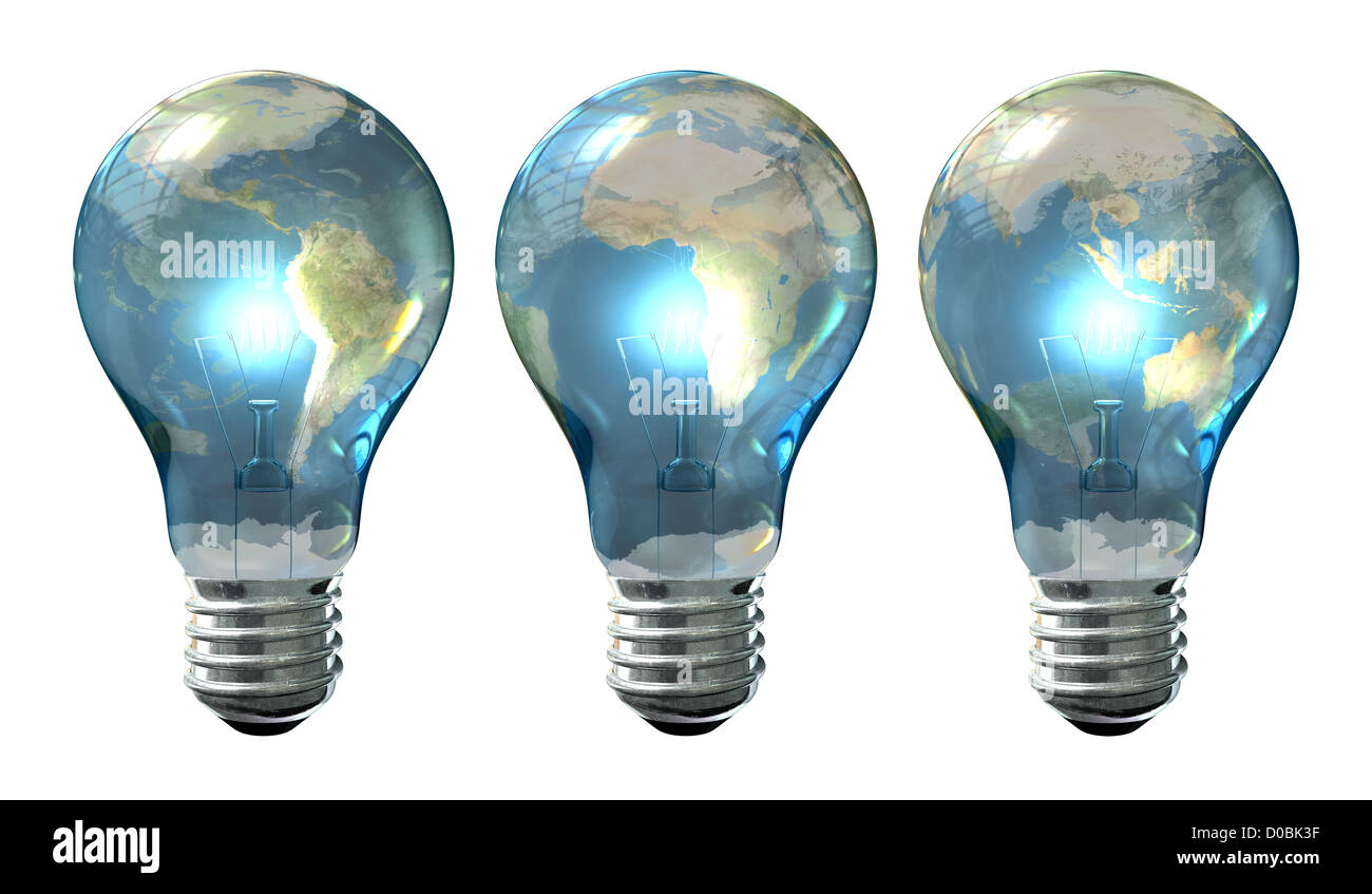 A series of three regular lit light bulbs with the glass wrapped in a ...