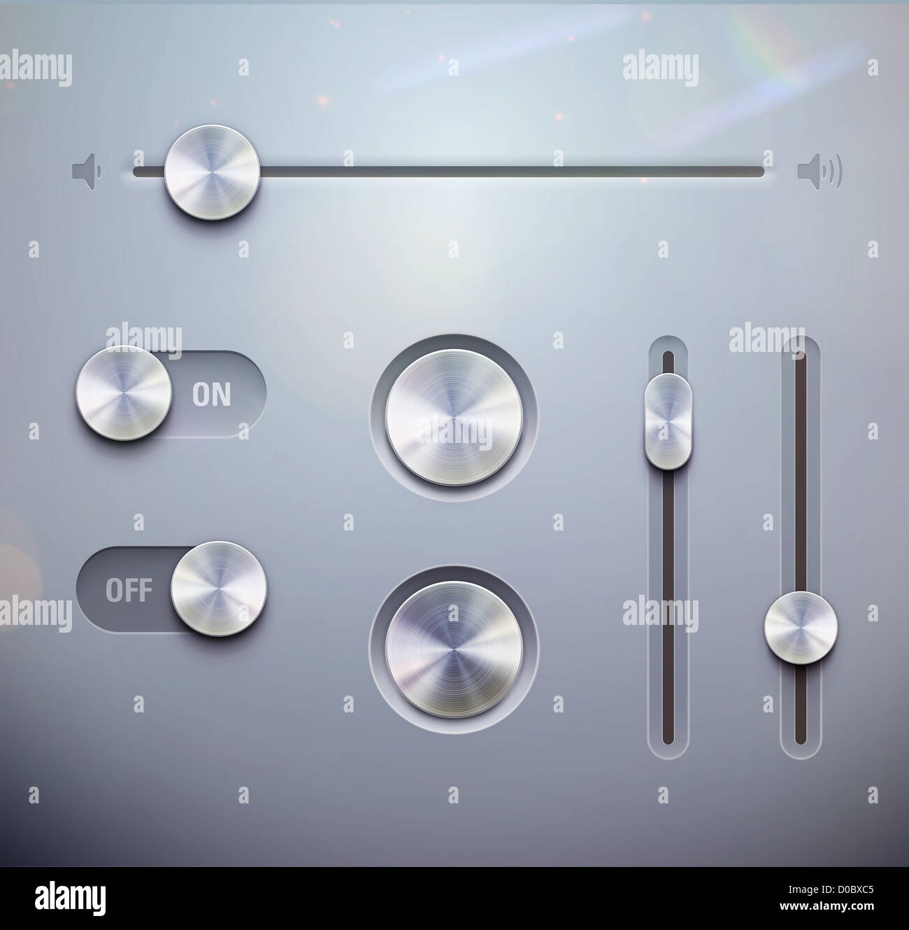 set of the detailed UI elements – knob, switches and slider in metallic ...