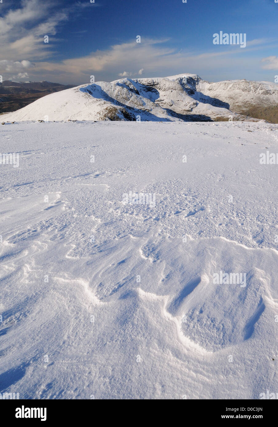 Patterns in frozen snow on the summit of Fairfield in the English lake ...