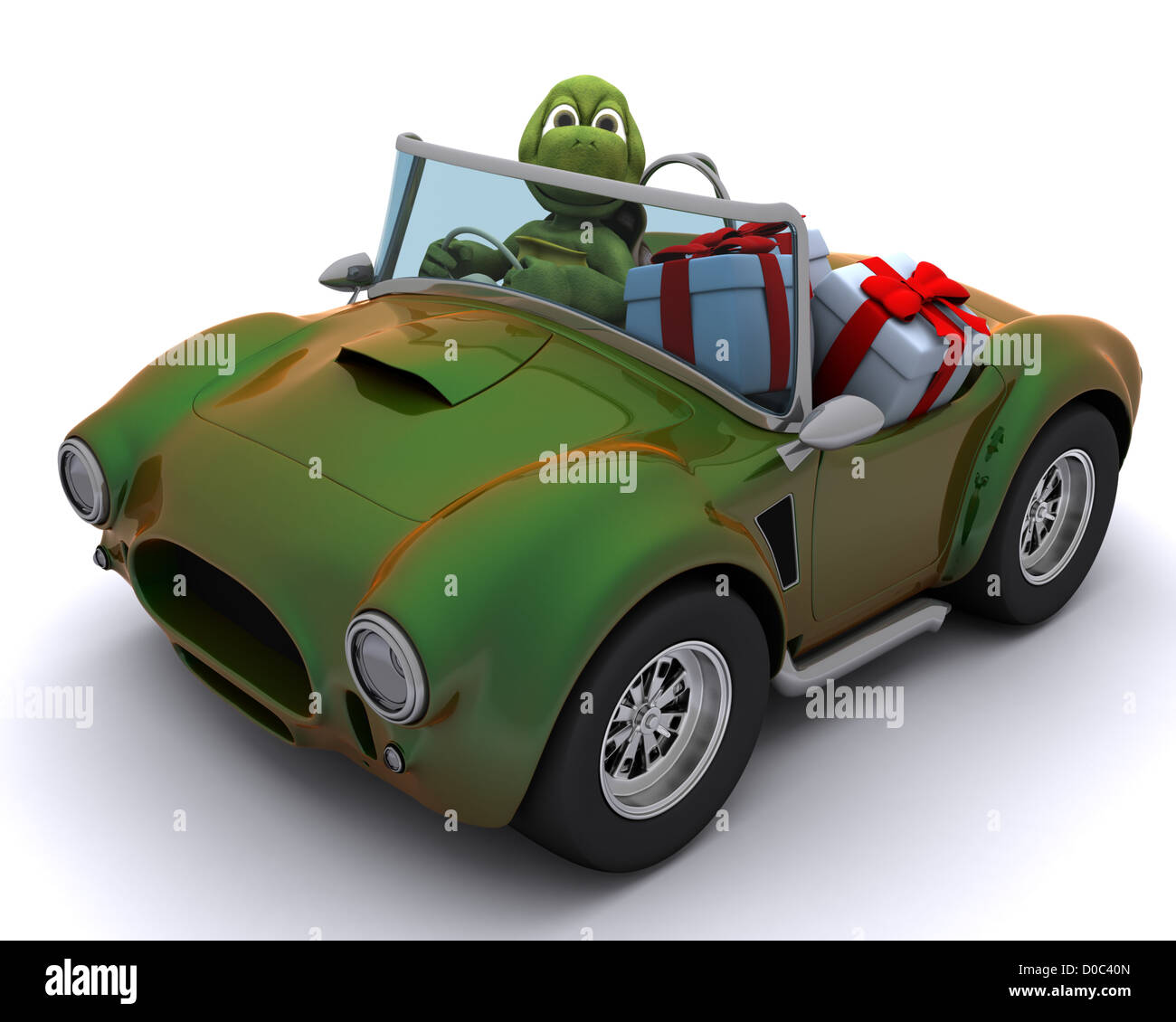 3d render of a tortoise driving a car with gifts Stock Photo - Alamy