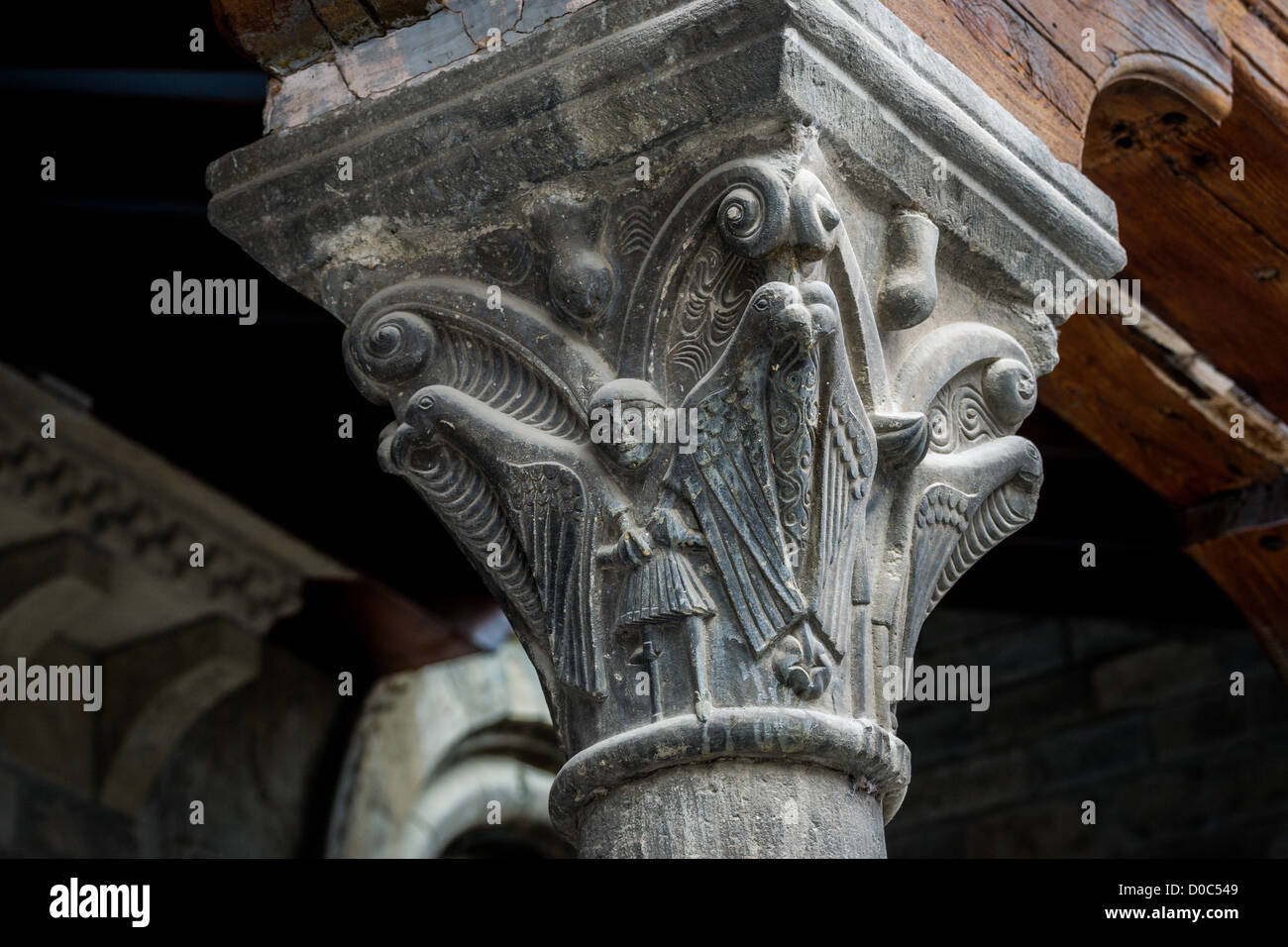 Capital of columns at Romanesque Cathedral of St. Peter in Jaca, Aragón ...
