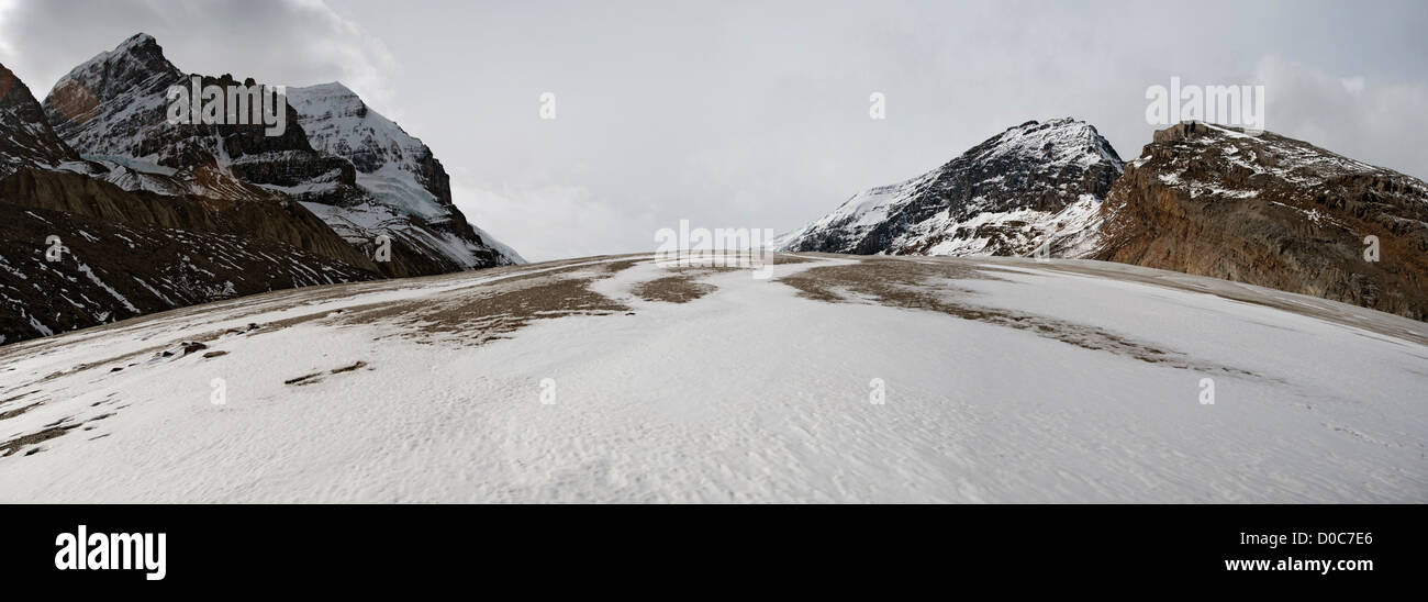 A panorama shows the foot of Athabasca Glacier, smooth from erosion in ...