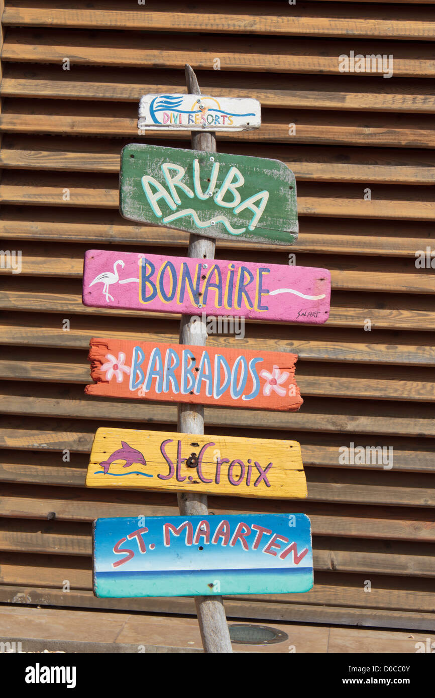 Signpost indicating the island locations of Divi Resorts Stock Photo ...