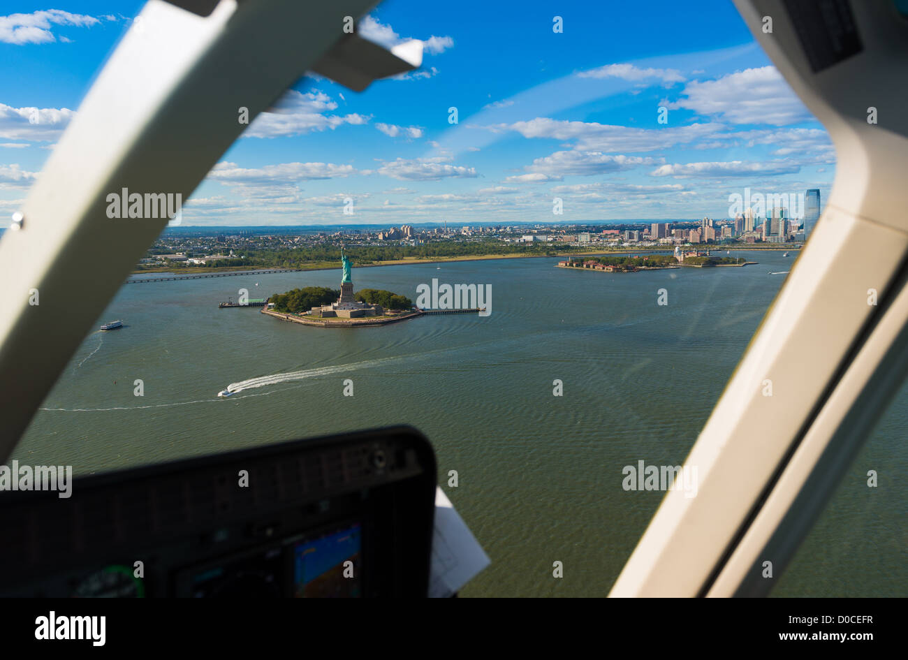 Statue of Liberty and Hudson river view from the window of helicopter ...