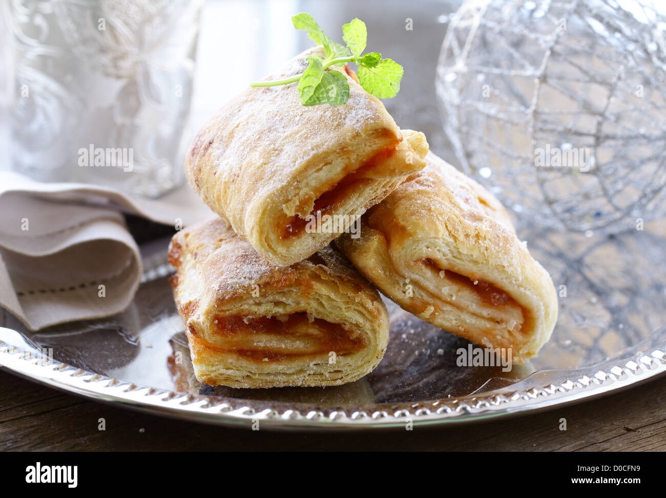 puff pastry with jam on a silver tray Stock Photo - Alamy