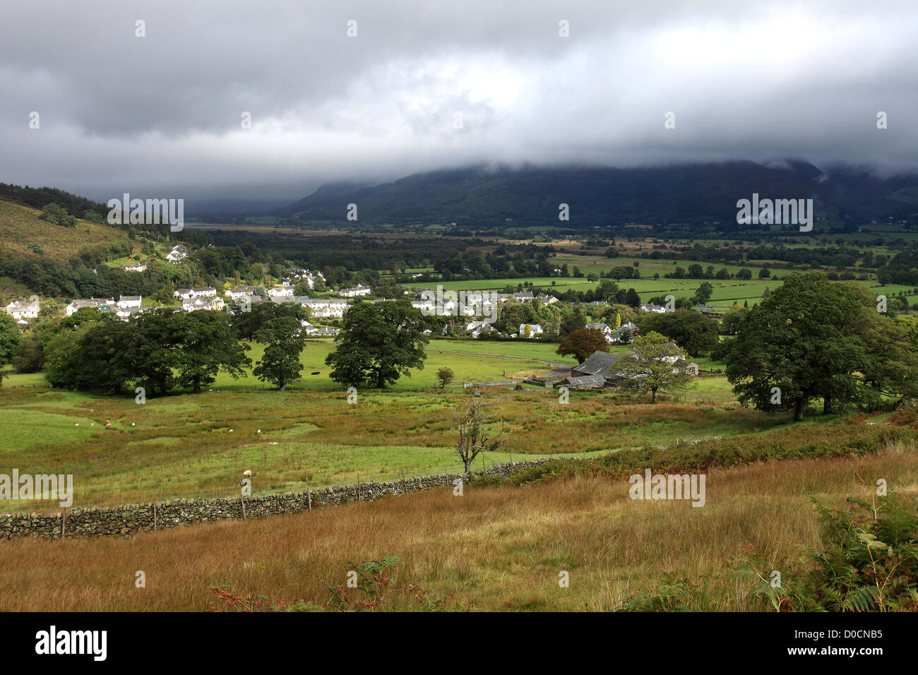 Landscape view over Braithwaite village, Lake District National Park ...