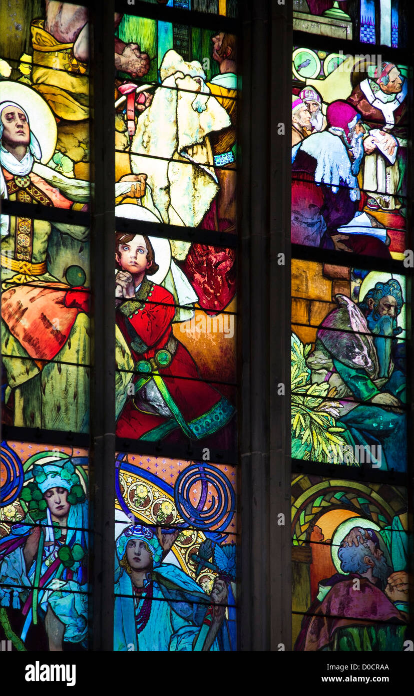 detail of a colorful church window inside the Saint Vitus Cathedral in ...