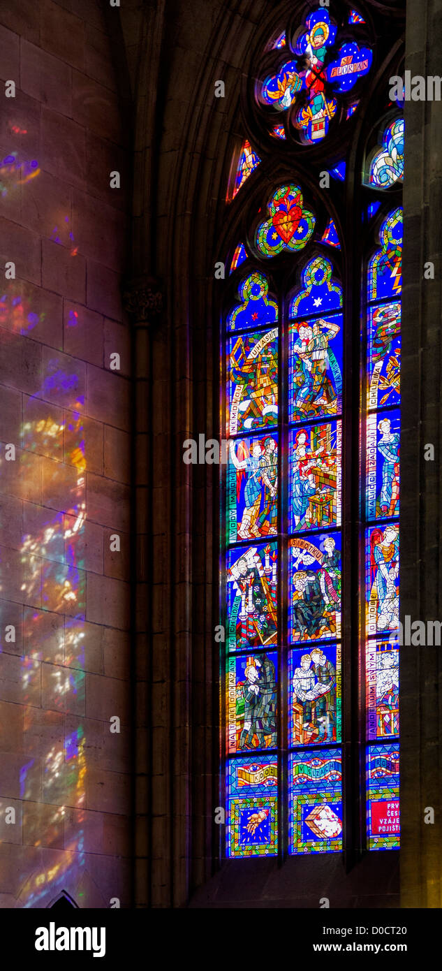 detail of a colorful church window inside the Saint Vitus Cathedral in ...