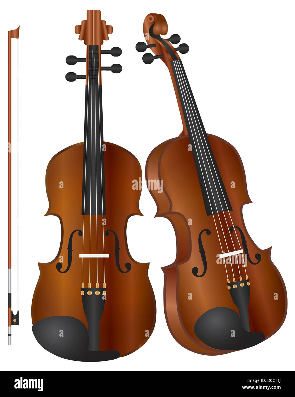 Violins in two perspectives with Bow Illustration Isolated on White ...