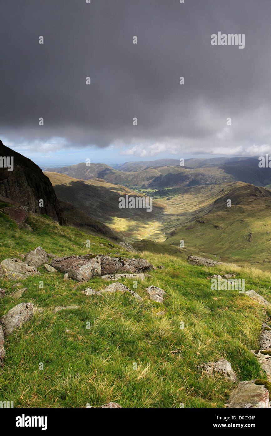 Landscape view Dovedale valley Summit ridge of Hart Crag fell ...
