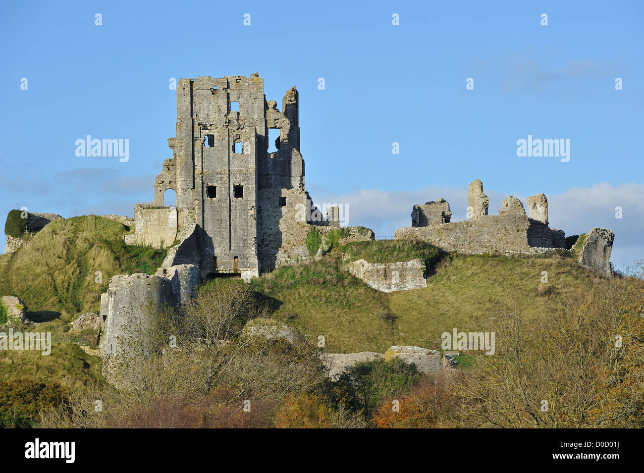 Ruins of the medieval Corfe Castle on the Isle of Purbeck along the ...