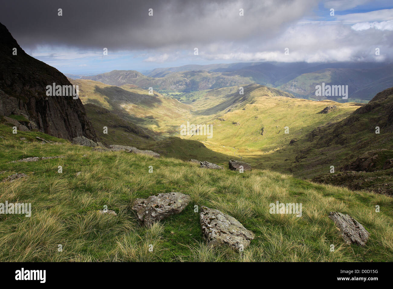 Landscape view Dovedale valley Summit ridge of Hart Crag fell ...