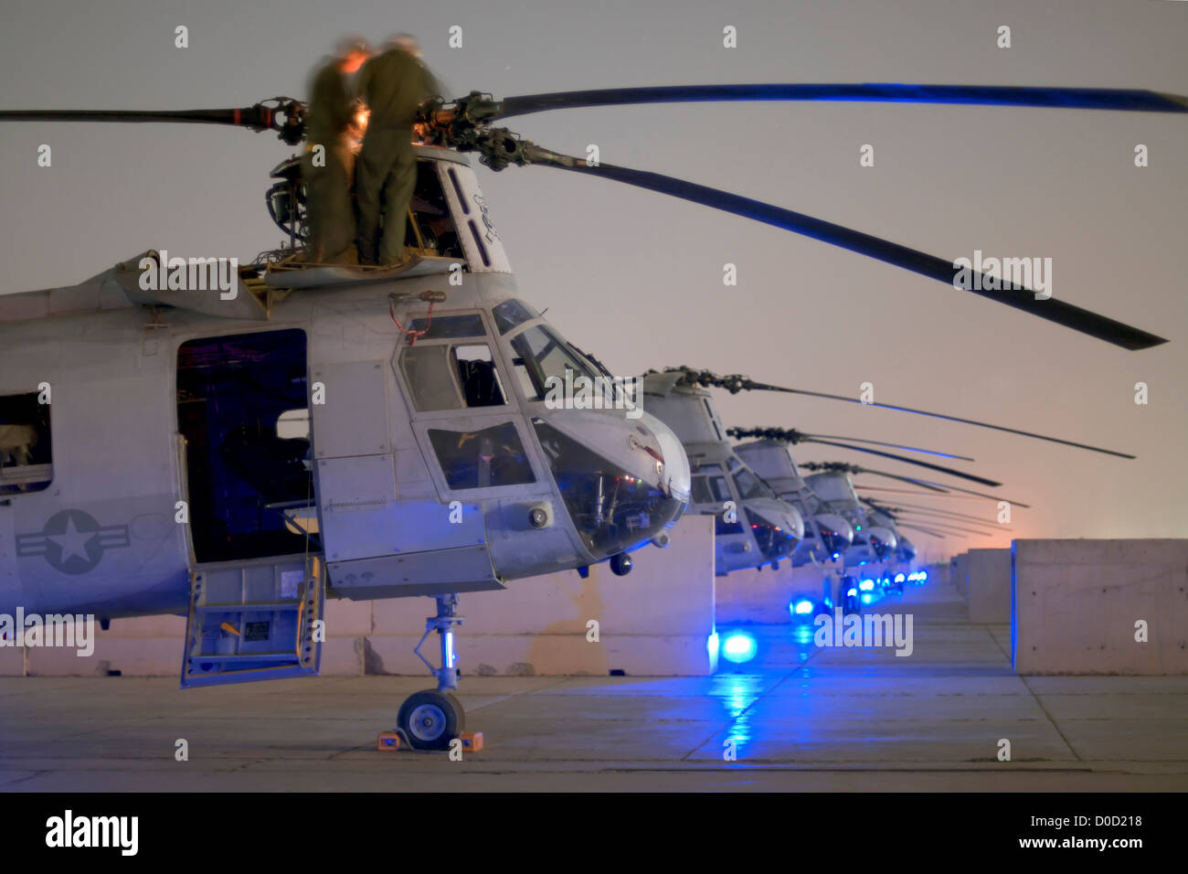 Nighttime View of US Marine Corps CH-46 Sea Knights at Al Taqaddum Air Base in Iraq's Al Anbar ...