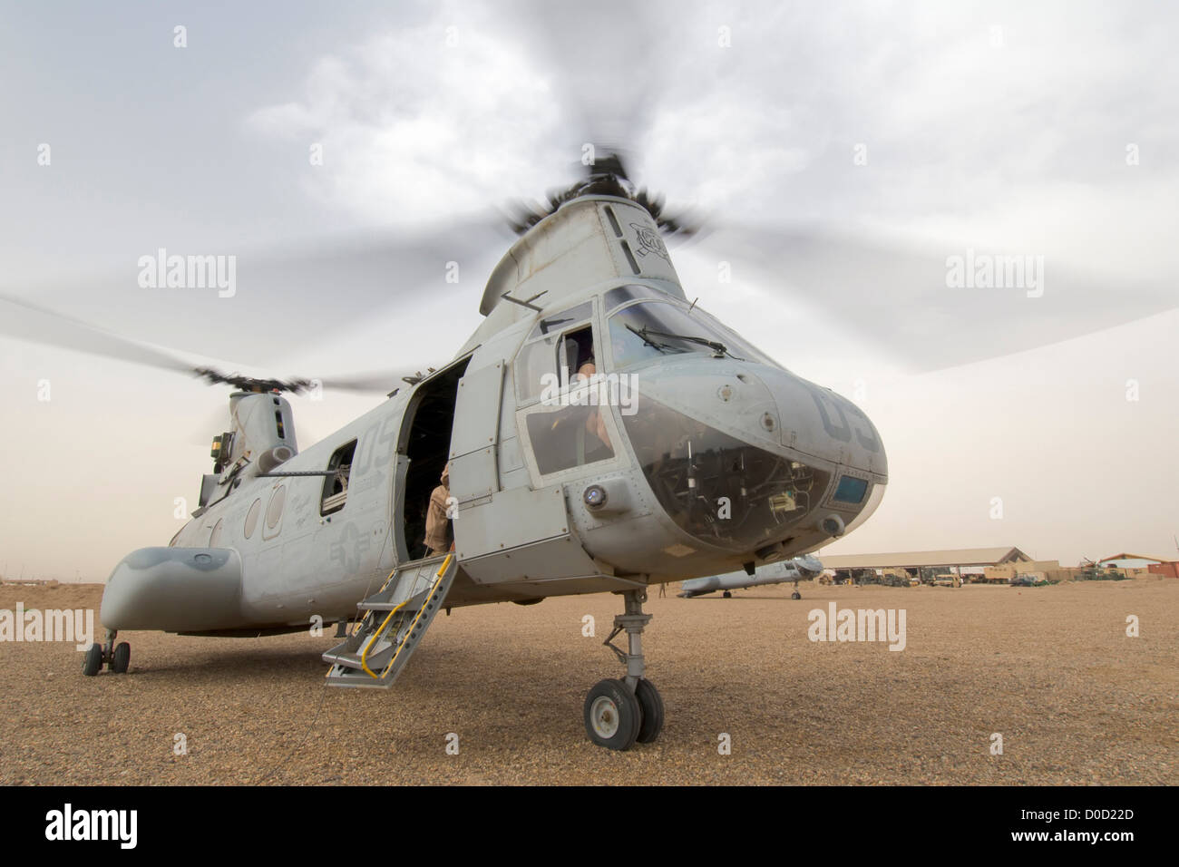 A US Marine Corps CH-46 Sea Knight Moments Before Lifting Off from Al Taqaddum Air Base in the ...