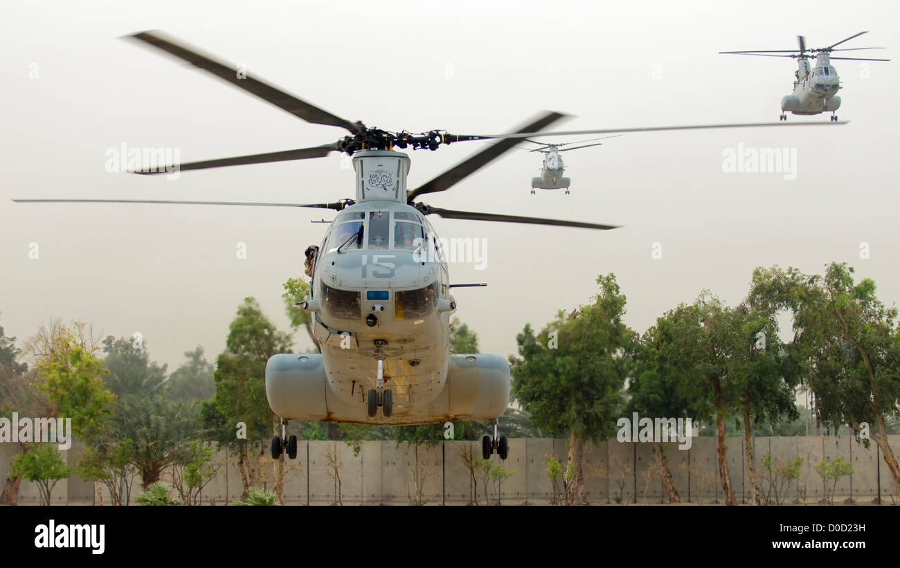 US Marine Corps CH-46 Sea Knights Make a Fast Approach Toward an ...
