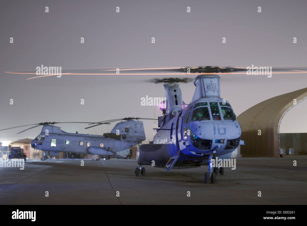 A US Marine Corps CH-46 Sea Knight Prepares to Launch for a Night Mission from Al Taqaddum Air ...