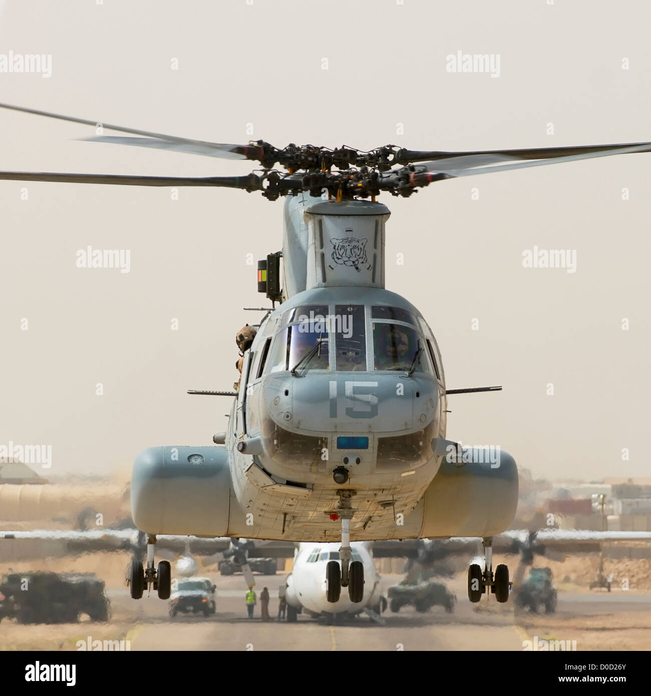 A US Marine Corps CH-46 Sea Knight Prepares to Land at Al Taqaddum Air Base in Al Anbar Province ...