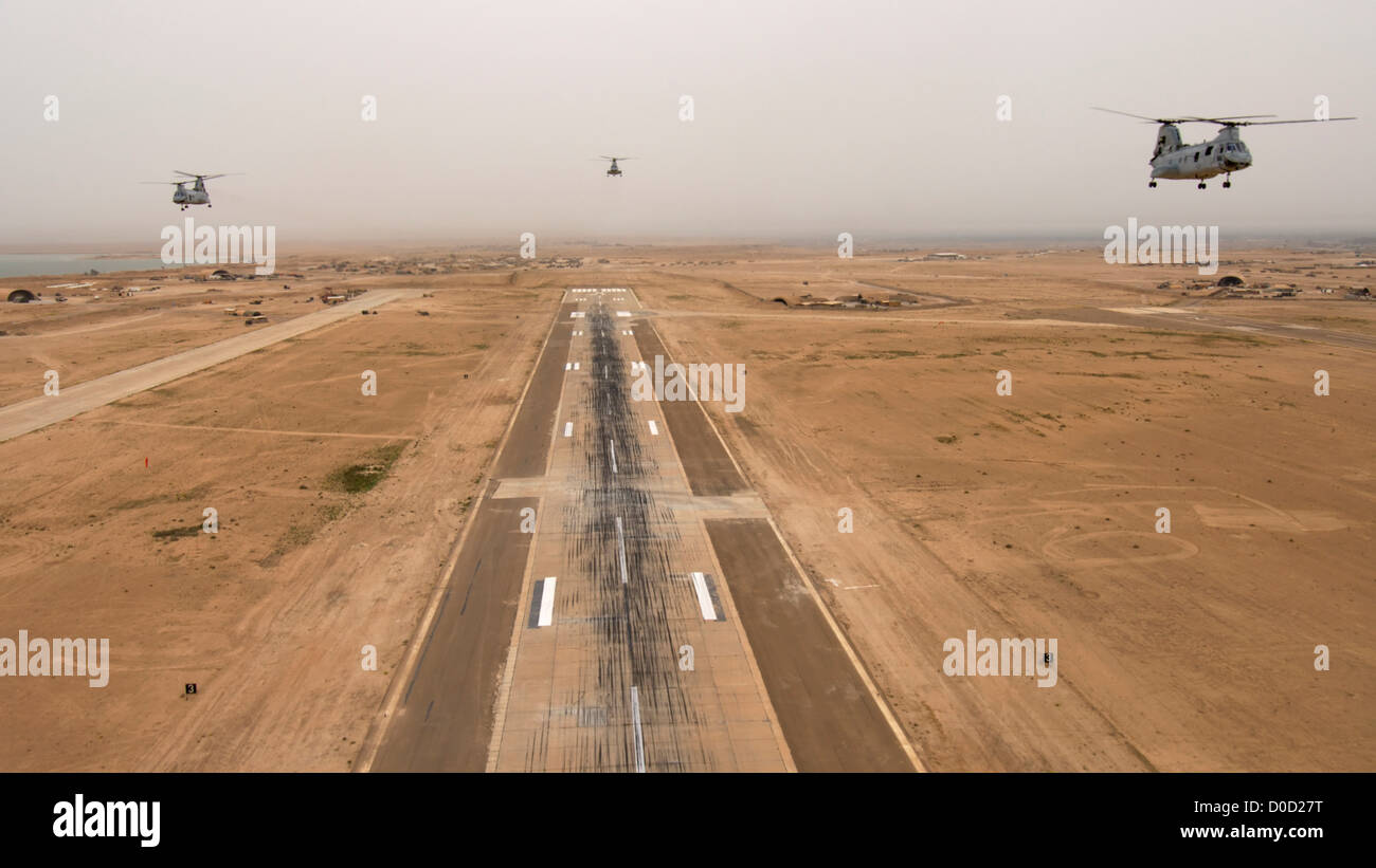 View of US Marine Corps CH-46 Sea Knight Helicopters Over a Landing Strip in Al Anbar Province ...