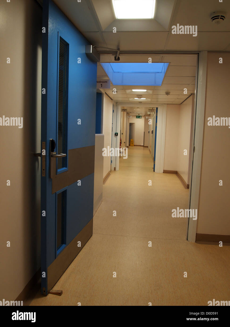 Dark Hospital corridor at the BRI, Bristol, England, UK, November 2012 ...
