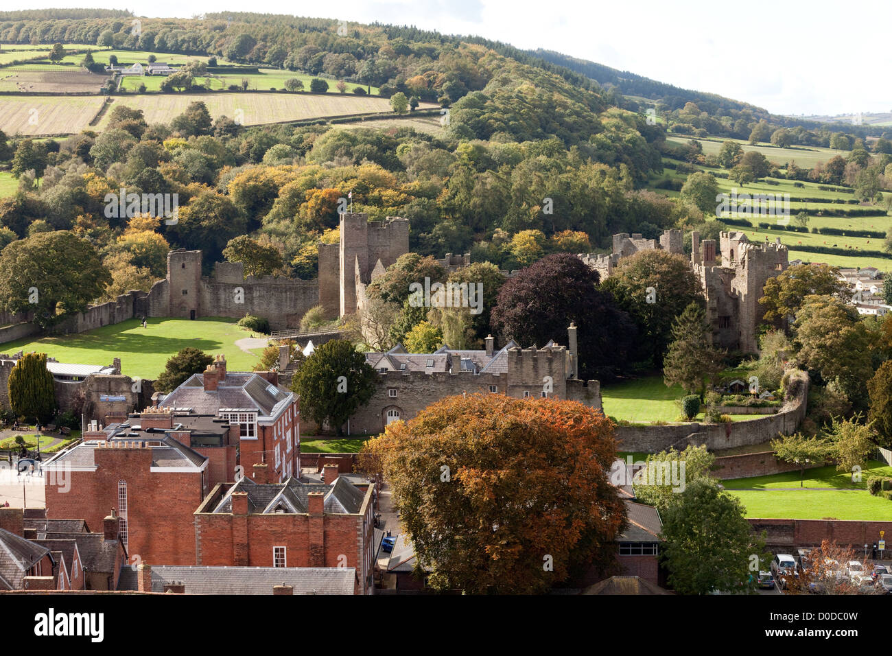 Ludlow castle seen from the church in autumn fall colours Shropshire ...
