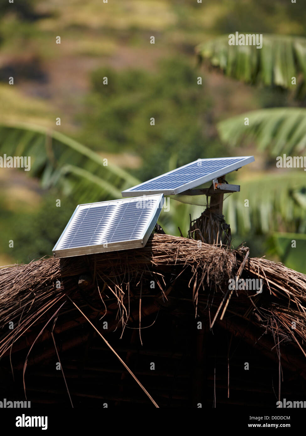 Small Solar Panels on Thatch Roof Huts Stock Photo - Alamy