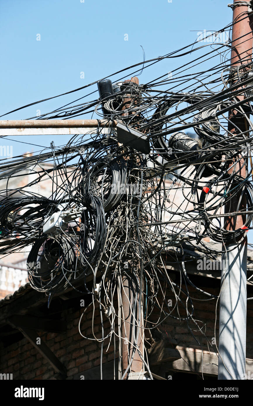 Tangled telephone and power lines, Kathmandu, Nepal Stock Photo - Alamy