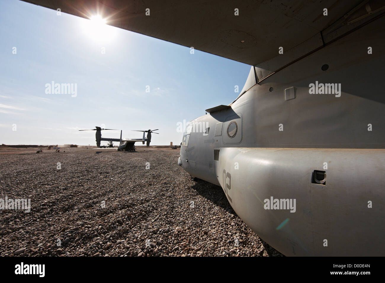 U.S. Marine Corps MV-22 Ospreys idle at a combat outpost in the Helmand ...