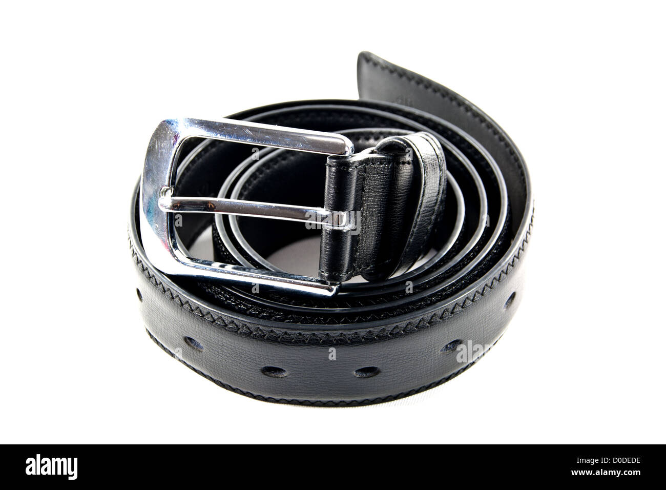 Black leather belt with a metal head Stock Photo - Alamy
