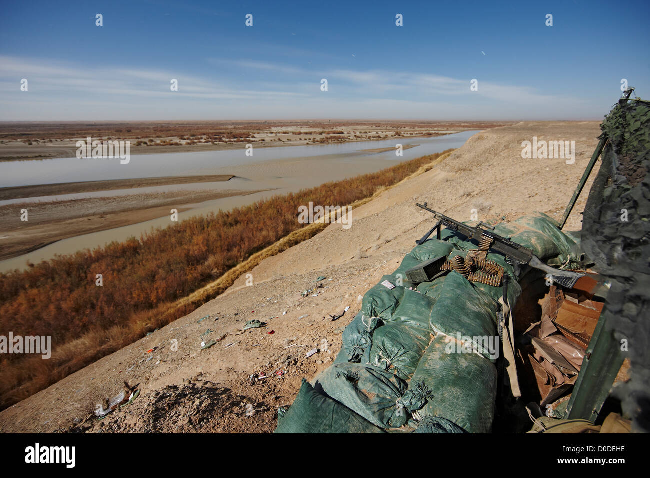 A nighttime view of a guard post overlooking the Helmand River, a ...
