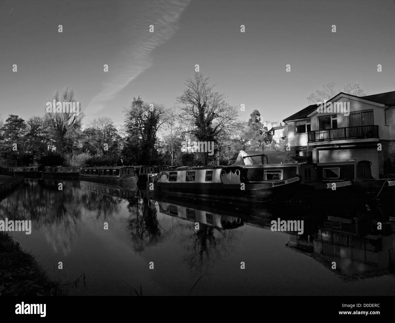 Moored boat on a river boat Black and White Stock Photos & Images - Alamy