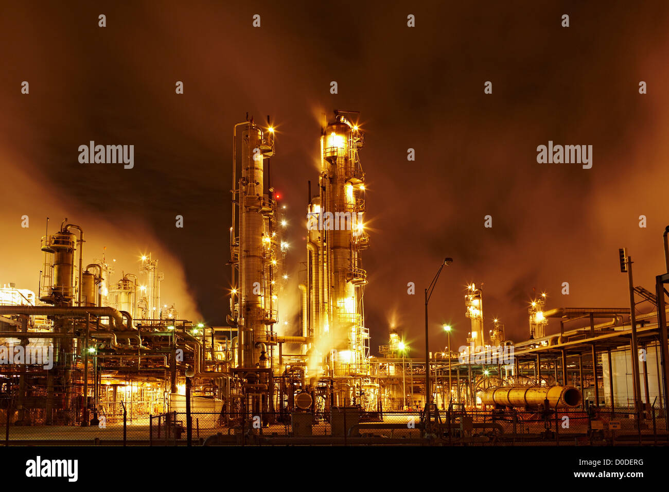 Nighttime view fluid catalytic cracking unit or FCCU petroleum ...