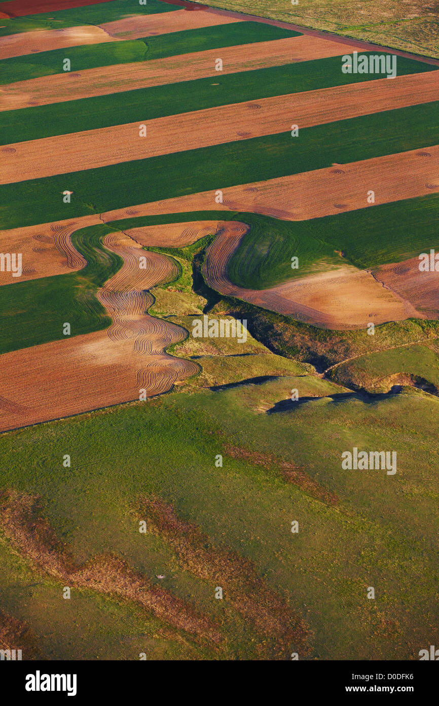 An aerial view of farm land and a creek bed, on the eastern Colorado ...