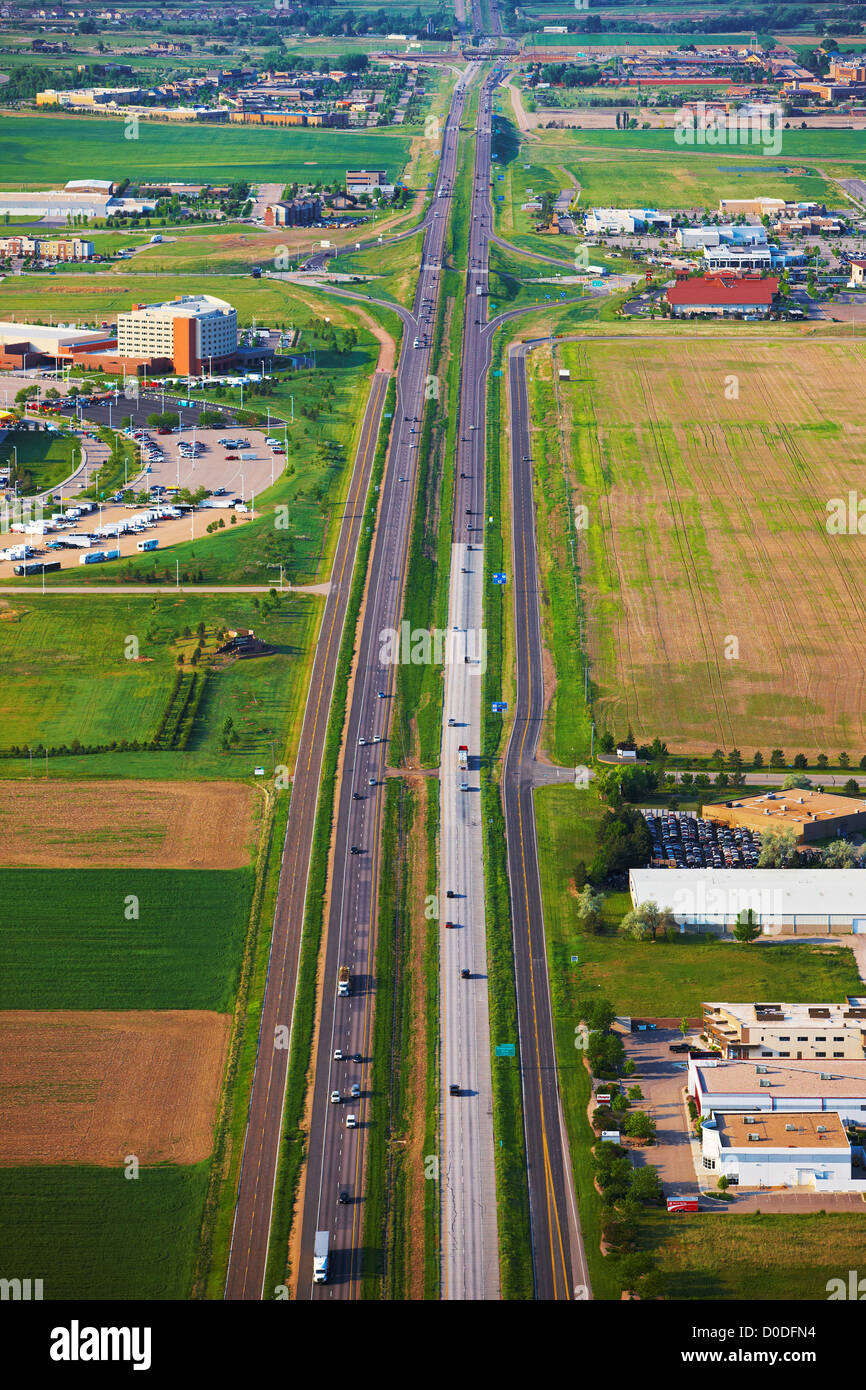 An aerial view of Interstate 25, running through northern Colorado ...